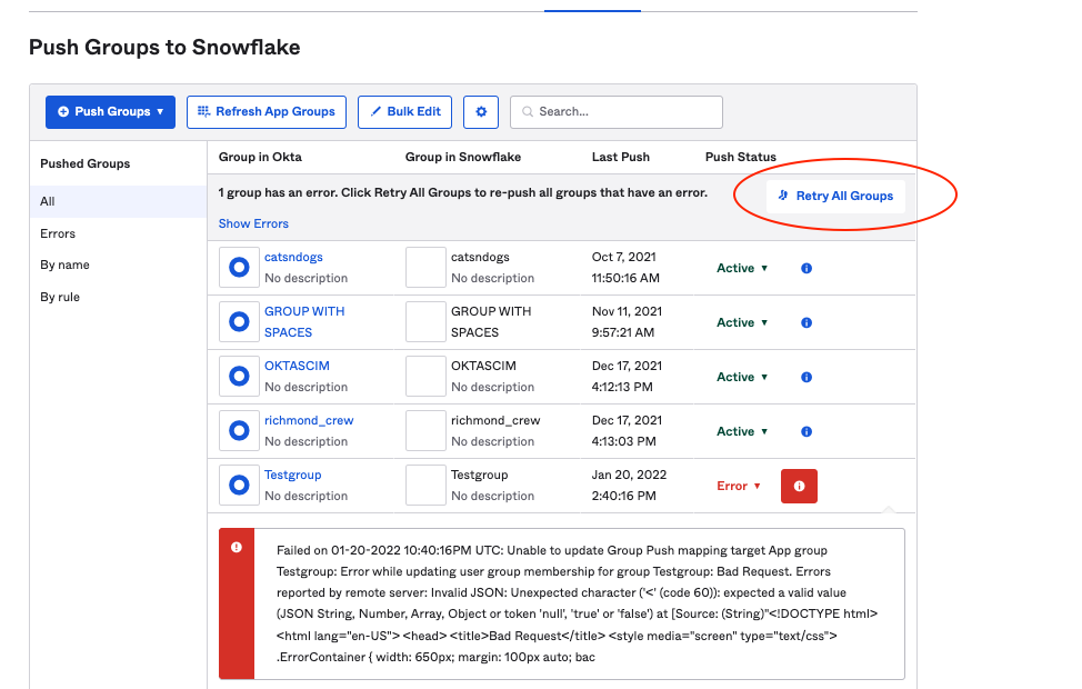 Snowflake Group Push Error "ErrorContainer { width: 650px; margin ...