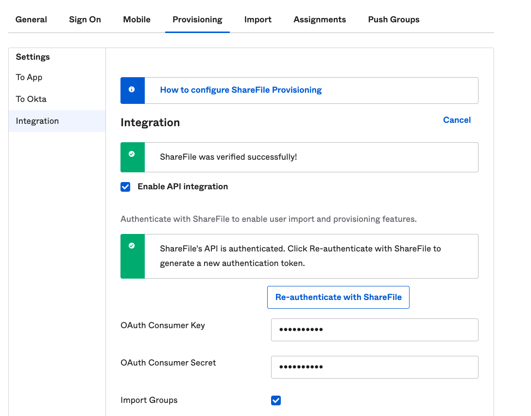 How to Configure Provisioning for OAuth ShareFile Integration