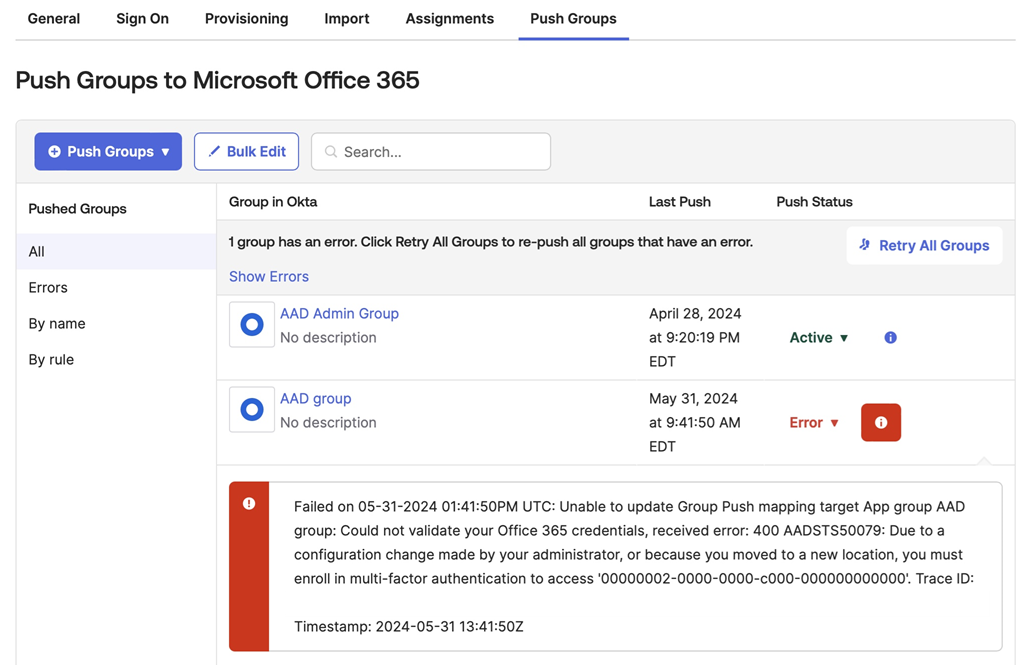 Office 365 Group Push Error "Could not validate your Office 365 credentials, received error: 400 ...