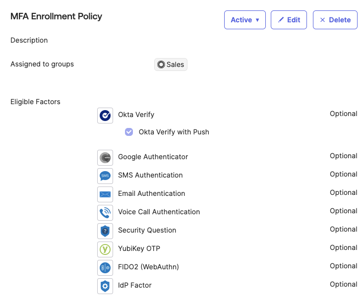 MFA Enrollment Policy - Optional Factors