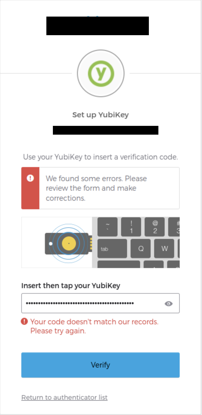 Yubikey Error "Your Code Doesn't Match Our Records. Please Try Again"