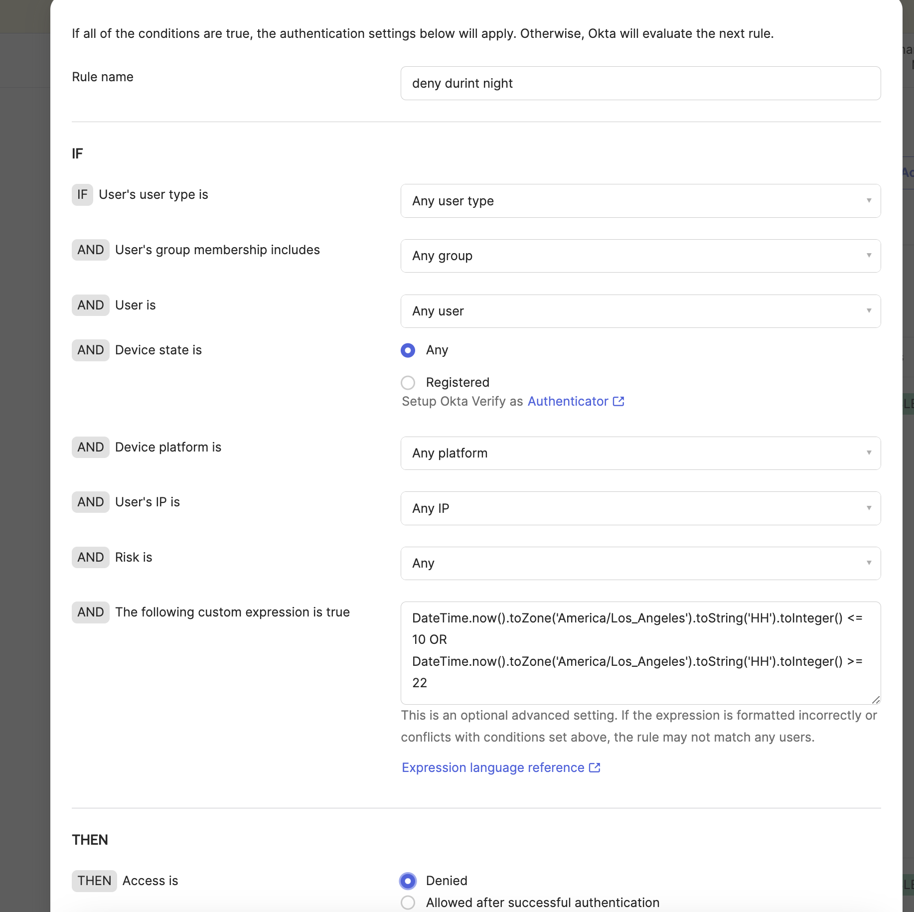 Create Authentication Policy with Time Restriction