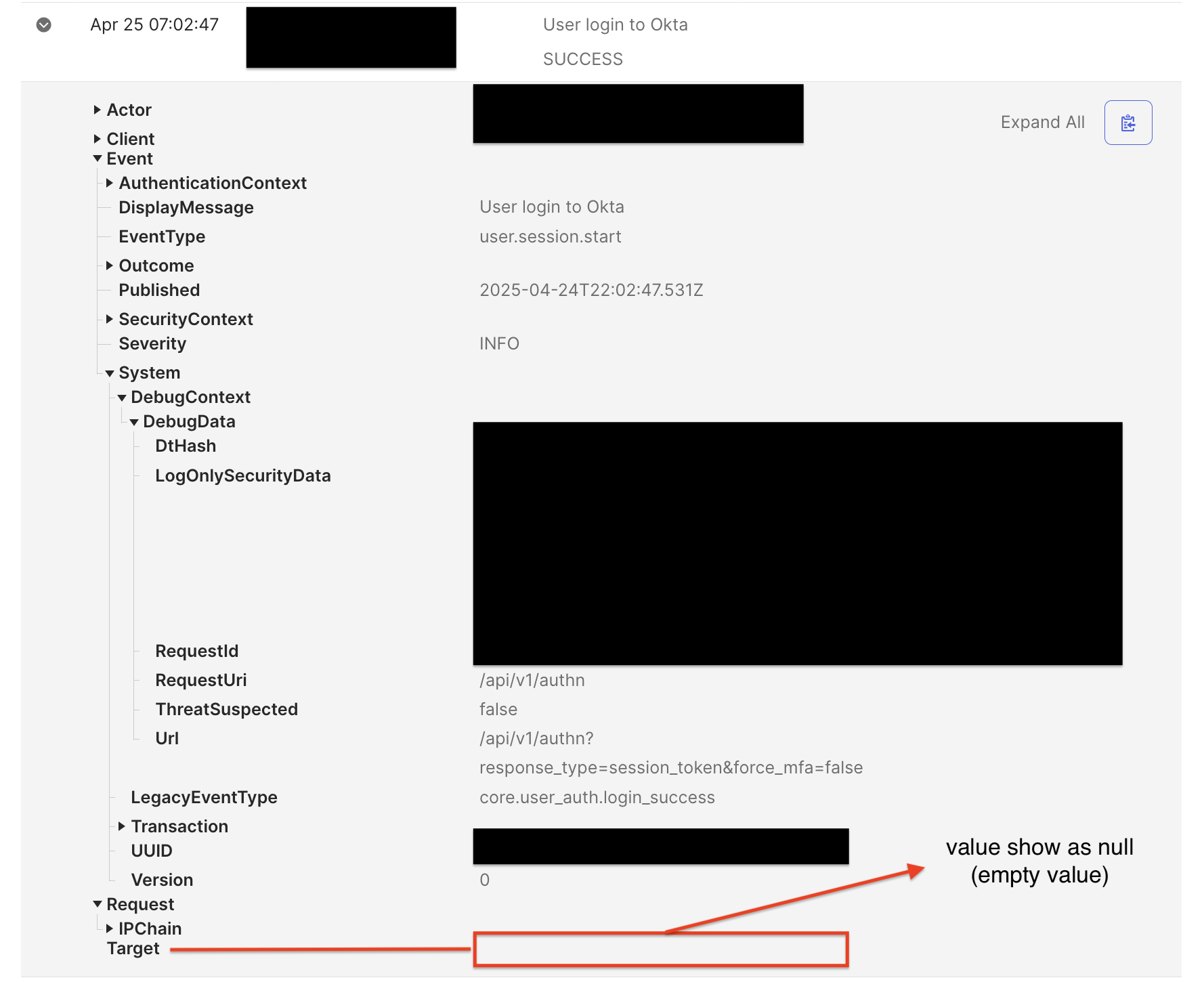 Target Application Displays as Null in the System Log