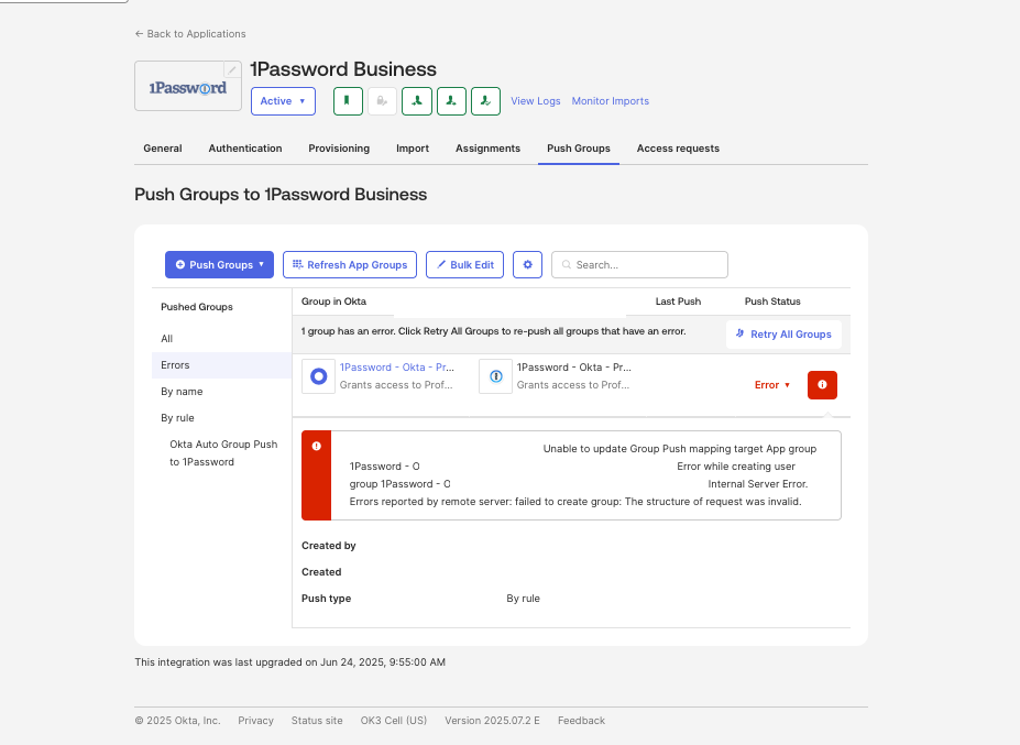 1Password Push Group - Errors reported by remote server: failed to ...