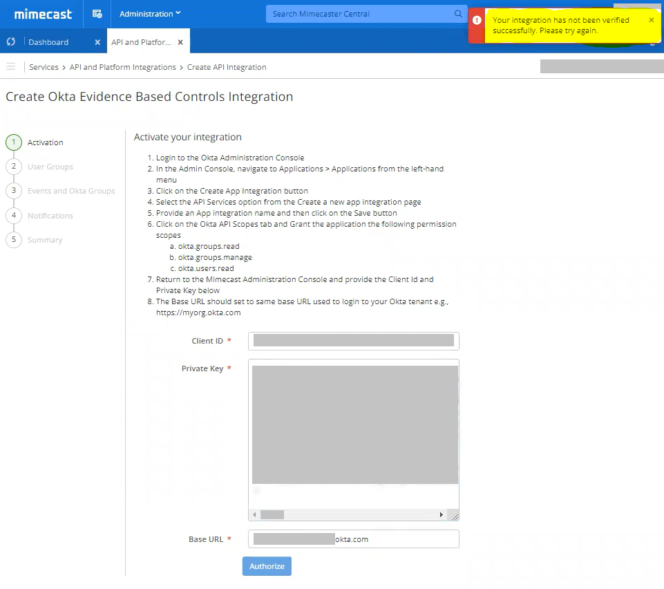 Error "Your integration has not been verified successfully" when Creating Okta Evidence Based ...