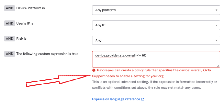 Enable a Setting Error When Creating EDR Authentication Policy in Okta